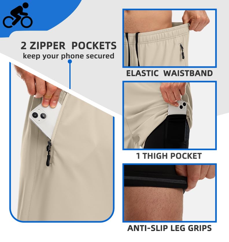 Men's Mountain Bike Shorts 3D Padded Loose-fit Biking Riding Cycling Bicycle Biker Cycle Padding Shorts for Men Zipper Pockets(Light Khaki,XXXL)