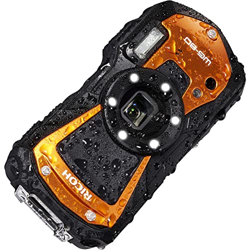 Ricoh WG-80 Waterproof Digital Camera (Orange) with 64GB Extreme Pro SD Card + Small Case + Selfie Stick + Memory Card Wallet + Memory Card Reader + 6Ave Cleaning Kit