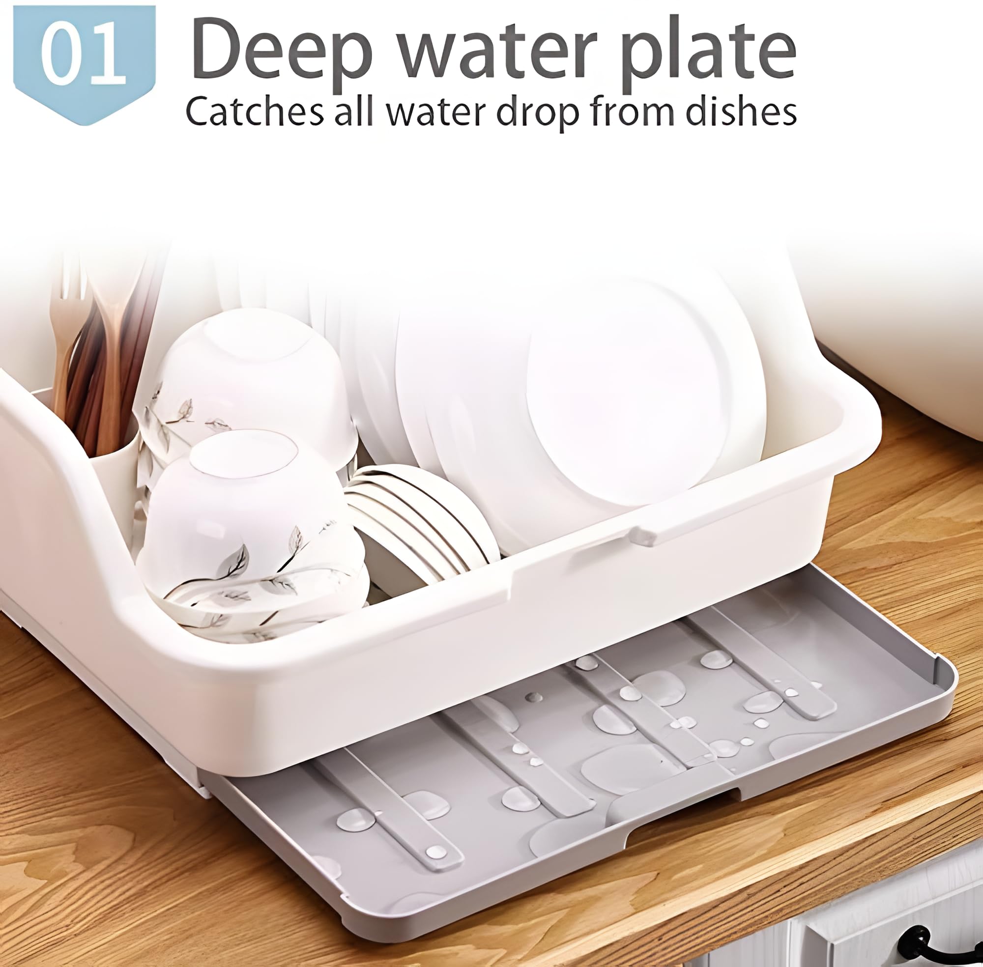 Tomorotec Medium Size Dish Drying Rack and Drain Board with Lid Cover, 16" x 12.2" x 10.6" Nursing Bottle Holder, Kitchen Plate Cup Dish Drying Rack Tray Cutlery Dish Drainer