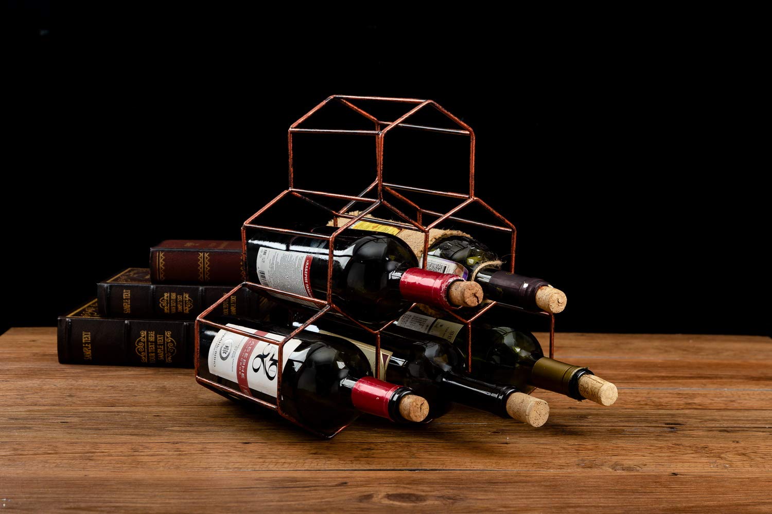 Asian Home Geometric Hexagon 6 Bottle Desktop Wine Rack Freestanding Countertop Bottle Holder for Wine Storage, Metal, Copper