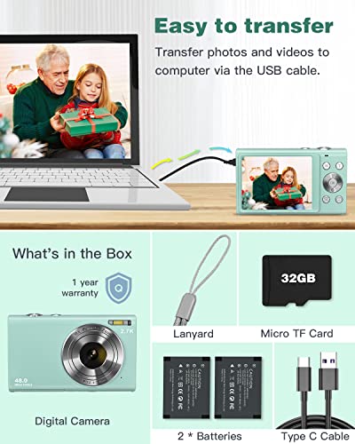 Digital Camera Auto Focus 2.7K 48MP Digital Point and Shoot Camera with 32GB Memory Card,16X Zoom, Time Lapse Vlogging Camera Digital Cameras for 8-15 Years Kids Teenagers Students Boys Girls, Green