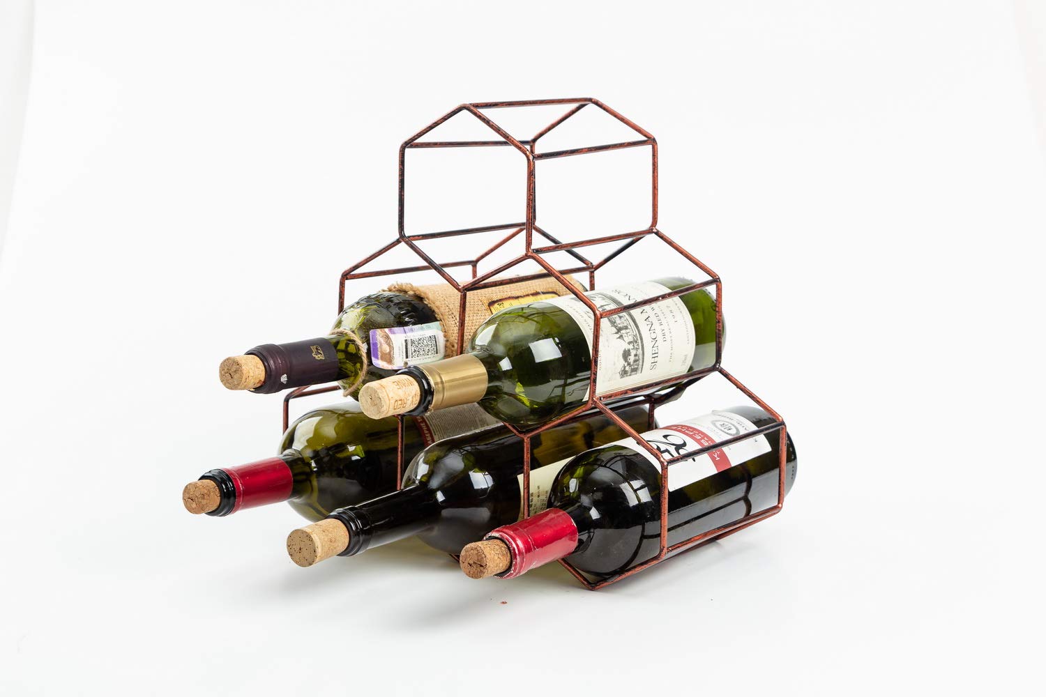 Asian Home Geometric Hexagon 6 Bottle Desktop Wine Rack Freestanding Countertop Bottle Holder for Wine Storage, Metal, Copper