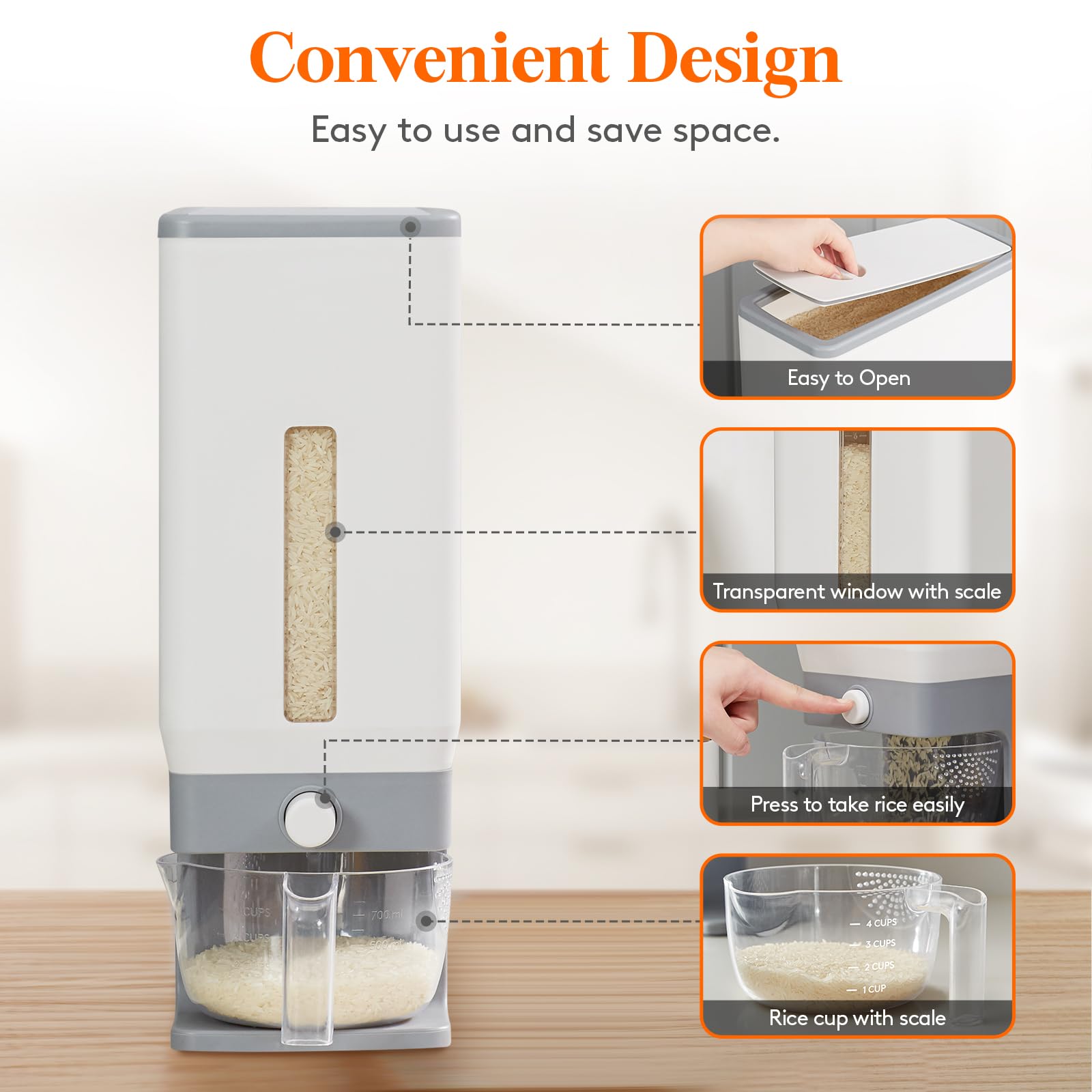 Lifewit Large Rice Dispenser Container 25.4 Lbs, Airtight Cereal Storage Containers with Measuring Cup, Sealed Moisture Proof Rice Bucket, Dry Food Grain Flour Soybean for Kitchen Household, BPA-Free