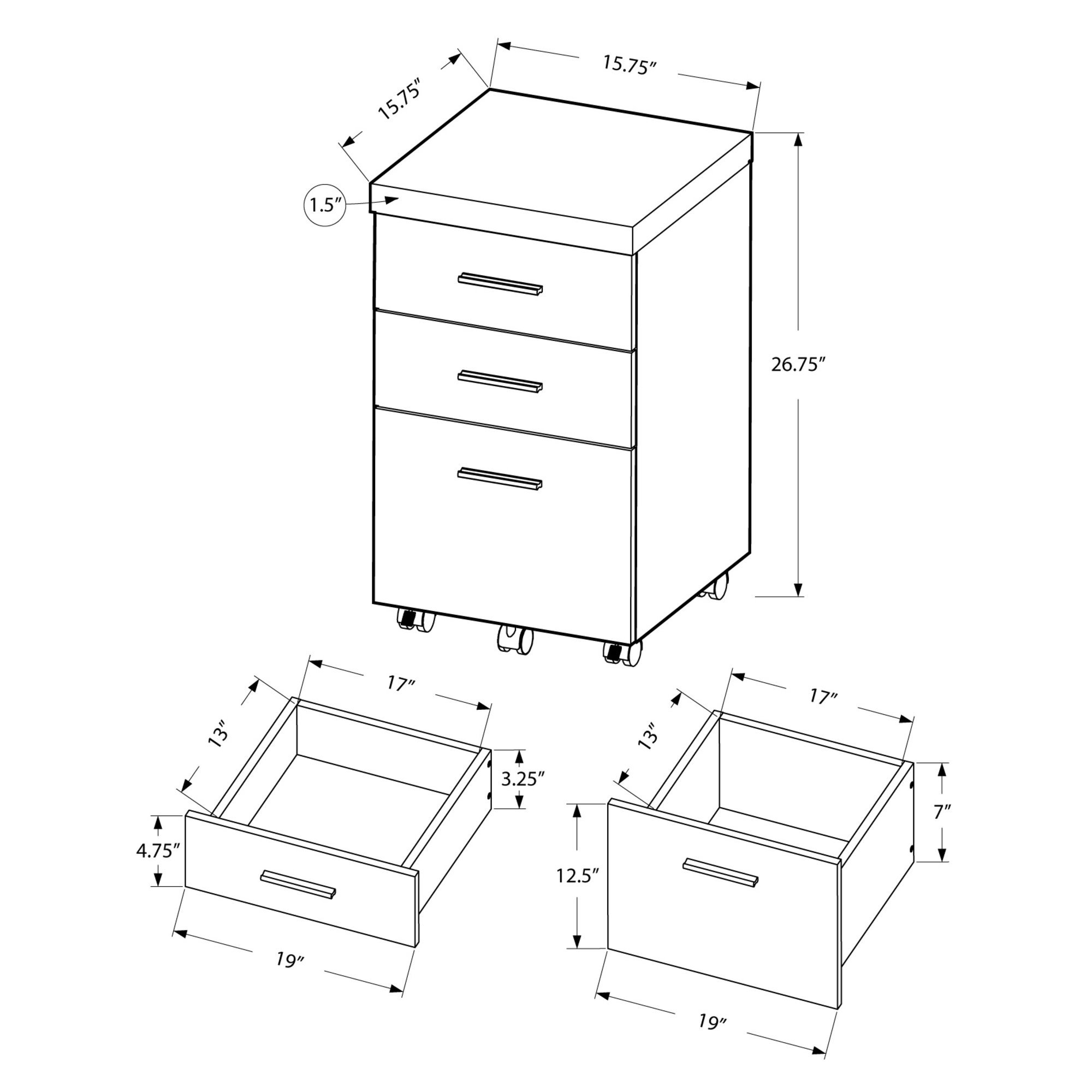 Monarch Specialties White Hollow-Core 3 Drawer File Cabinet on Castors