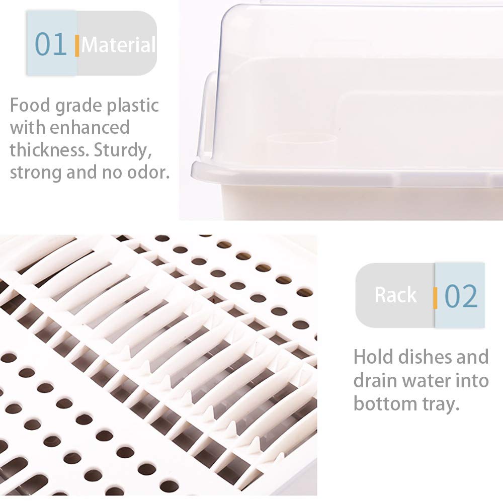 Tomorotec Medium Size Dish Drying Rack and Drain Board with Lid Cover, 16" x 12.2" x 10.6" Nursing Bottle Holder, Kitchen Plate Cup Dish Drying Rack Tray Cutlery Dish Drainer