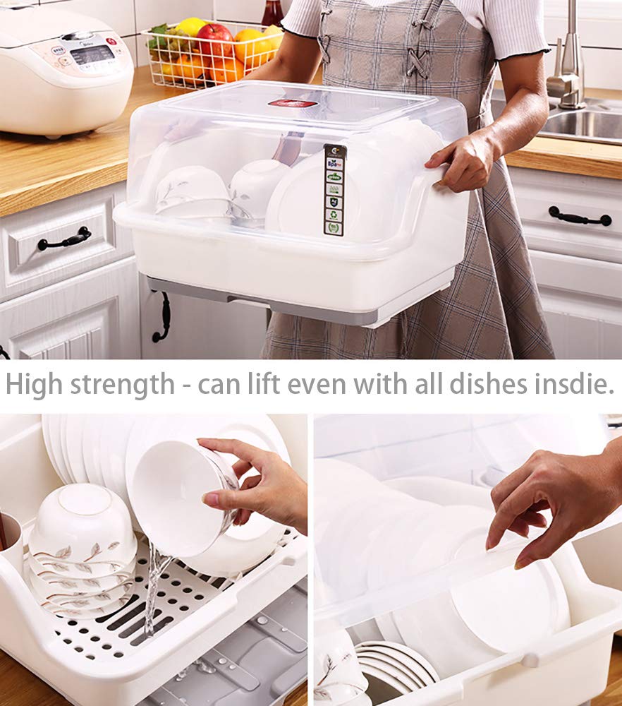 Tomorotec Medium Size Dish Drying Rack and Drain Board with Lid Cover, 16" x 12.2" x 10.6" Nursing Bottle Holder, Kitchen Plate Cup Dish Drying Rack Tray Cutlery Dish Drainer