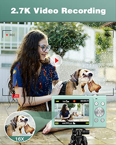 Digital Camera Auto Focus 2.7K 48MP Digital Point and Shoot Camera with 32GB Memory Card,16X Zoom, Time Lapse Vlogging Camera Digital Cameras for 8-15 Years Kids Teenagers Students Boys Girls, Green
