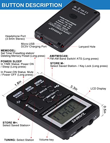 ZHIWHIS Portable Radio, AM FM Receiver with Sleep Timer, Rechargeable Stereo Radios with Digital Clock, DSP Tuner with Preset Function Pocket Walkmen for Walking Travel