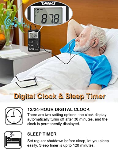 ZHIWHIS Portable Radio, AM FM Receiver with Sleep Timer, Rechargeable Stereo Radios with Digital Clock, DSP Tuner with Preset Function Pocket Walkmen for Walking Travel