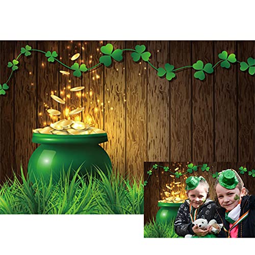 Baocicco 10x8ft Vinyl St.Patrick's Day Backdrop Pot of Gold Photography Background Lucky Irish Shamrock Wooden Texture Wall Grass Field Children Baby Adults Portraits Photo Studio