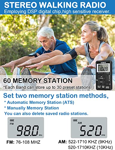 ZHIWHIS Portable Radio, AM FM Receiver with Sleep Timer, Rechargeable Stereo Radios with Digital Clock, DSP Tuner with Preset Function Pocket Walkmen for Walking Travel