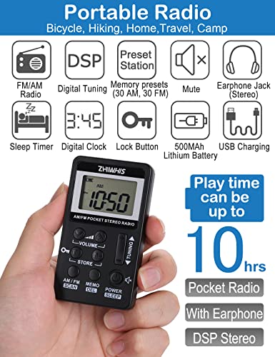ZHIWHIS Portable Radio, AM FM Receiver with Sleep Timer, Rechargeable Stereo Radios with Digital Clock, DSP Tuner with Preset Function Pocket Walkmen for Walking Travel