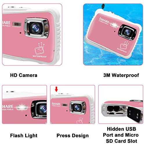 Kids Camera,21MP HD 3M Waterproof Digital Camera Kids,Kids Waterproof Camera 2.0 Inch LCD Display,8X Digital Zoom,Flash and Mic for Kids Boys Girls Gift(Pink)