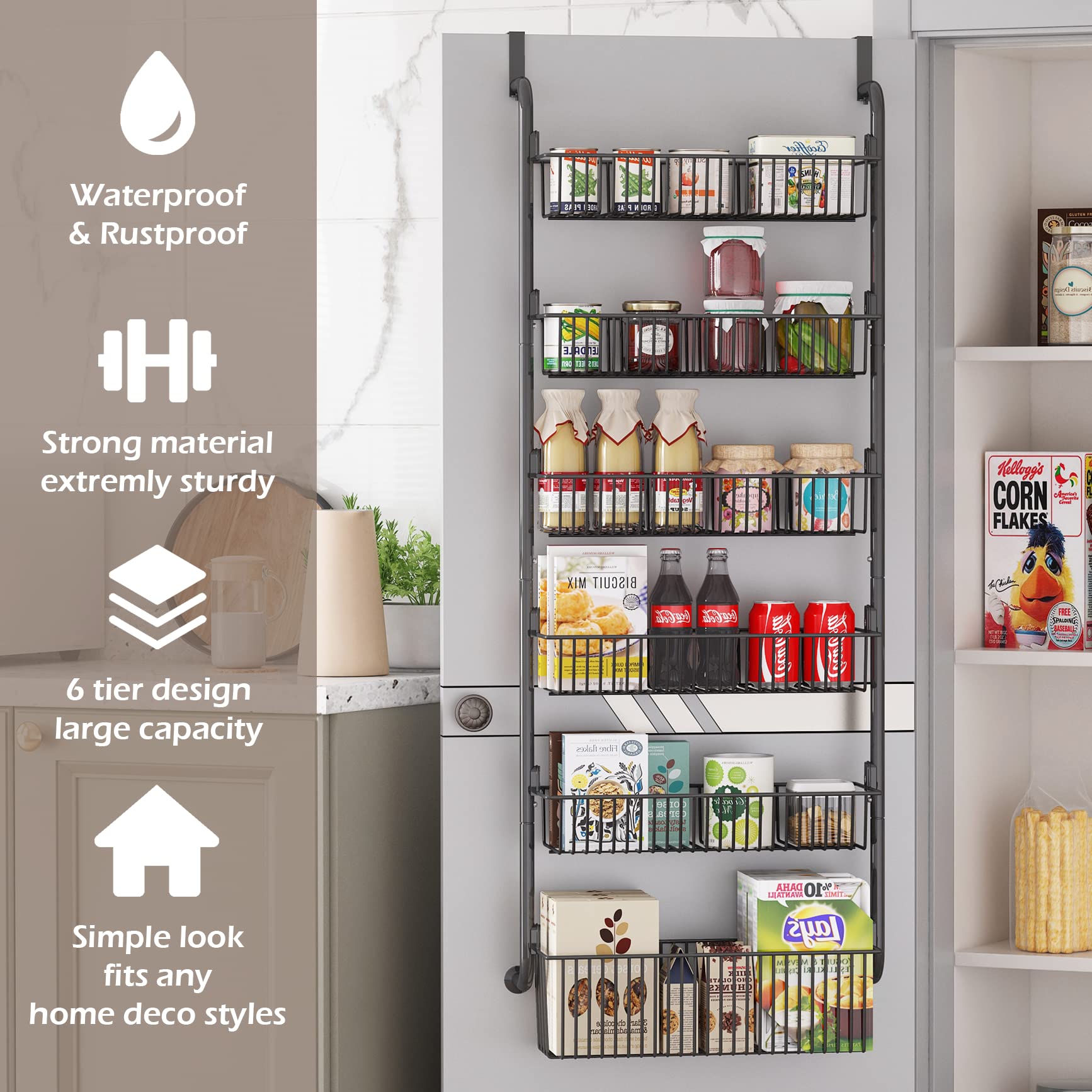 COVAODQ 6-Tier Pantry Door Organization and Storage Over the Door Pantry Organizer Metal Hanging Kitchen Spice Rack Can Organizer