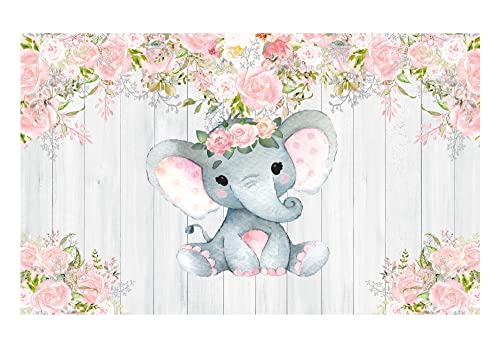 Allenjoy Rustic White Wood Elephant Backdrop Supplies for Baby Shower Pink Floral It's a Girl Newborn Kids Birthday Party Decorations Studio Cake Smash Candy Dessert Photography Banners Props