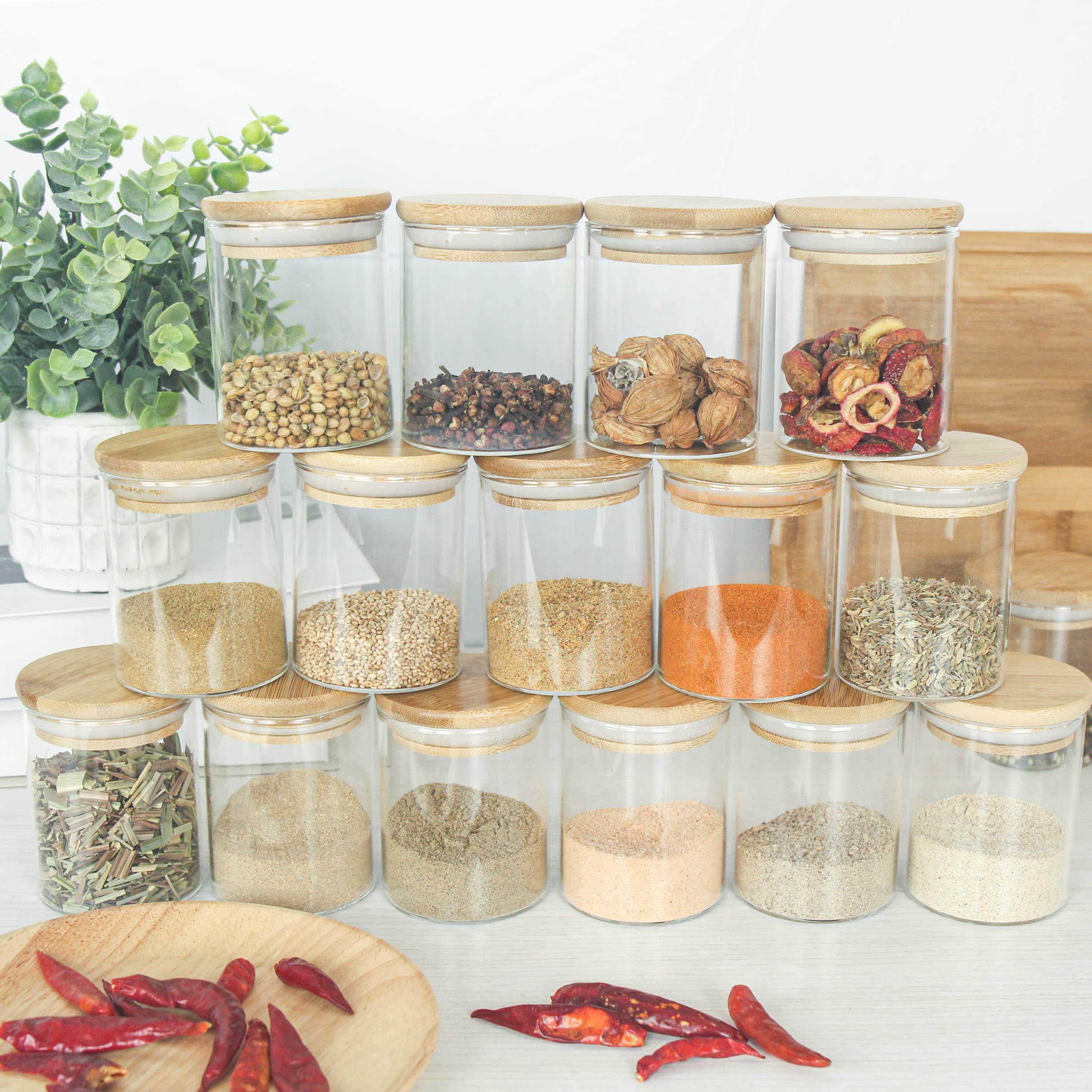 ZRRHOO 20 Pack Glass Jars with Bamboo Lids, 7.5oz Airtight Spice Jars Set with Extra Labels and Pen, for Dry Food Canisters, Spice, Coffee, Beans, Candy, Nuts, Herbs