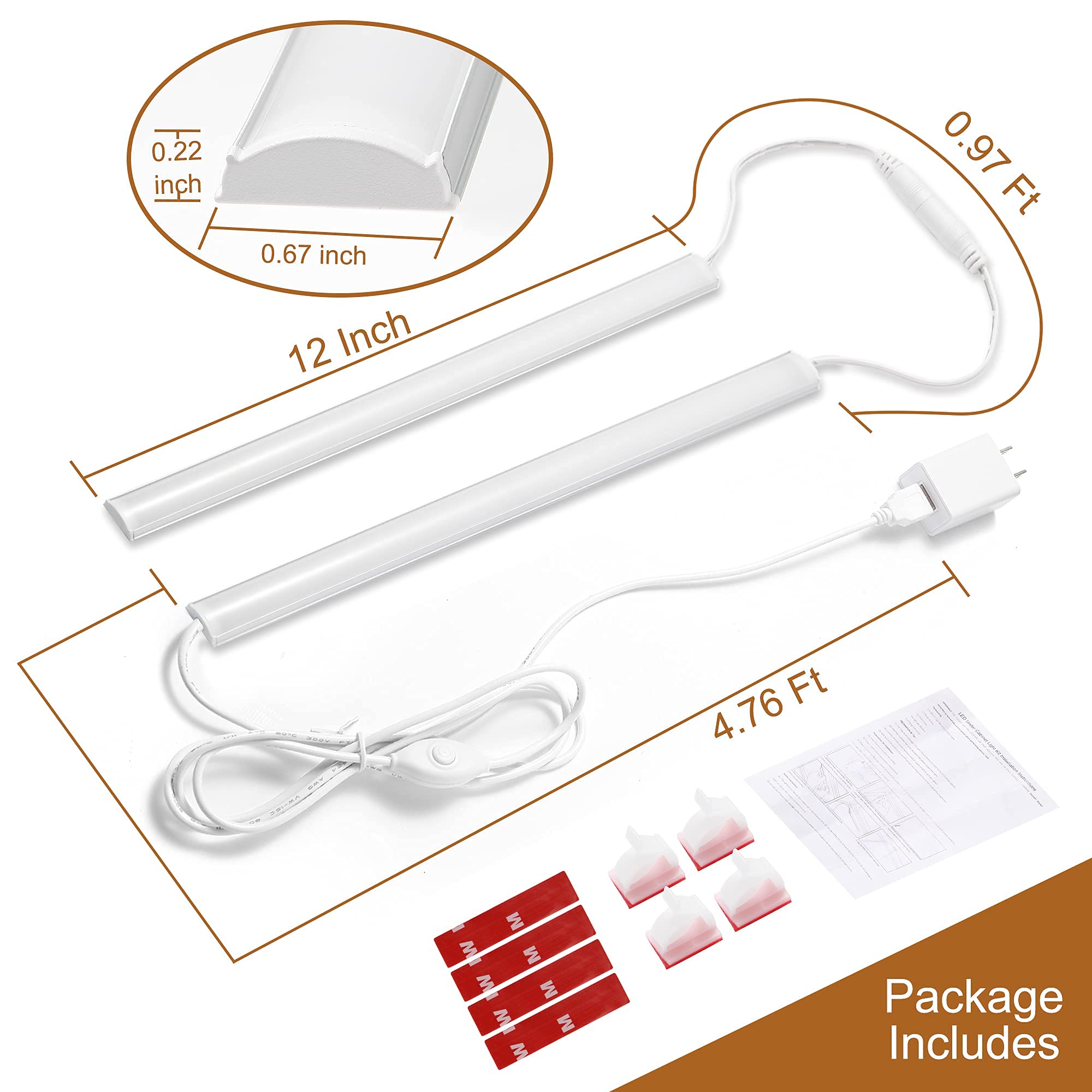 Plug-in Under Cabinet Lighting, 2pcs 12 Inch Dimmable Closet Light, Cold White 6000K Linkable USB LED Light Bar, Memory Function, Under Counter Lights for Kitchen, Desk, Workspace