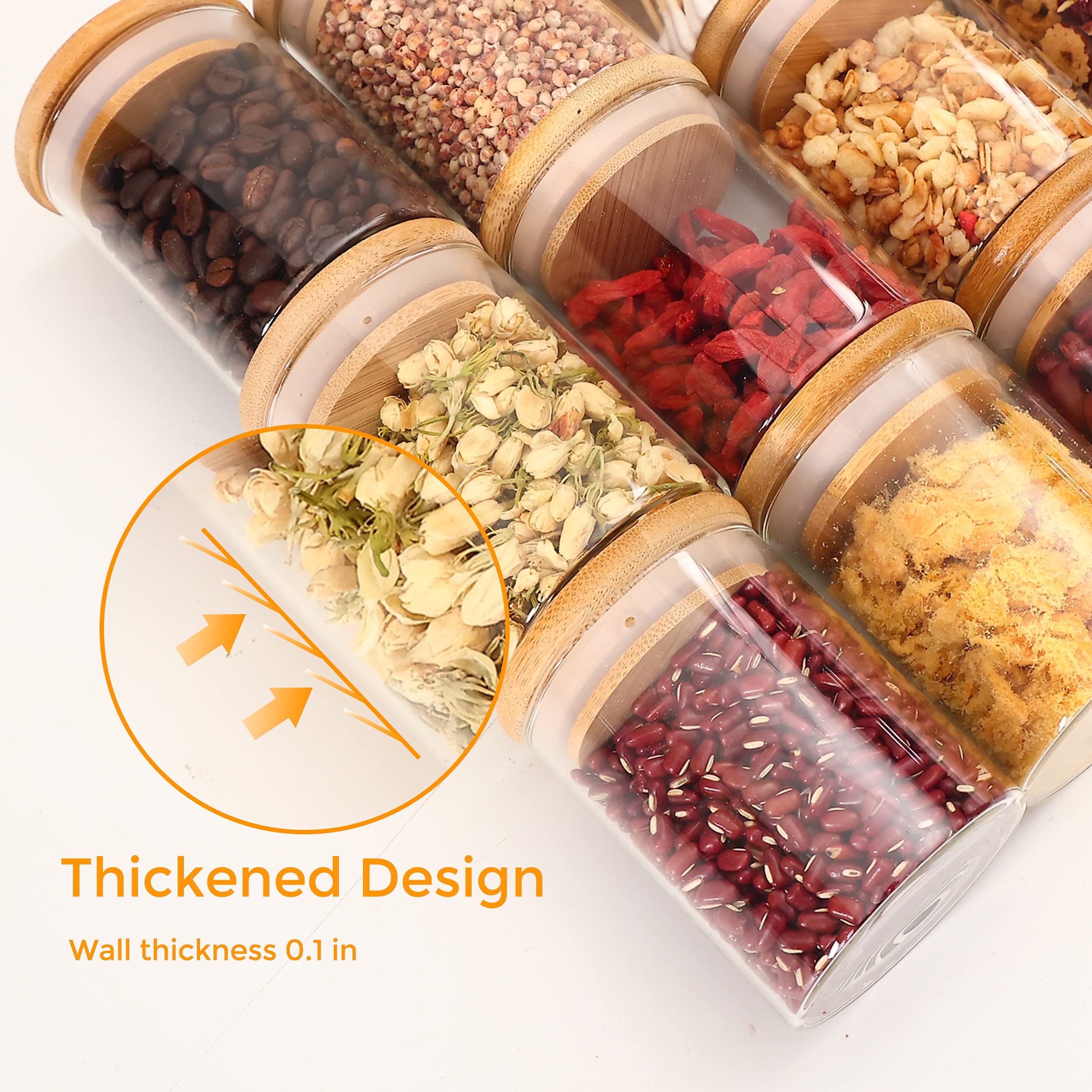 ZRRHOO 20 Pack Glass Jars with Bamboo Lids, 7.5oz Airtight Spice Jars Set with Extra Labels and Pen, for Dry Food Canisters, Spice, Coffee, Beans, Candy, Nuts, Herbs