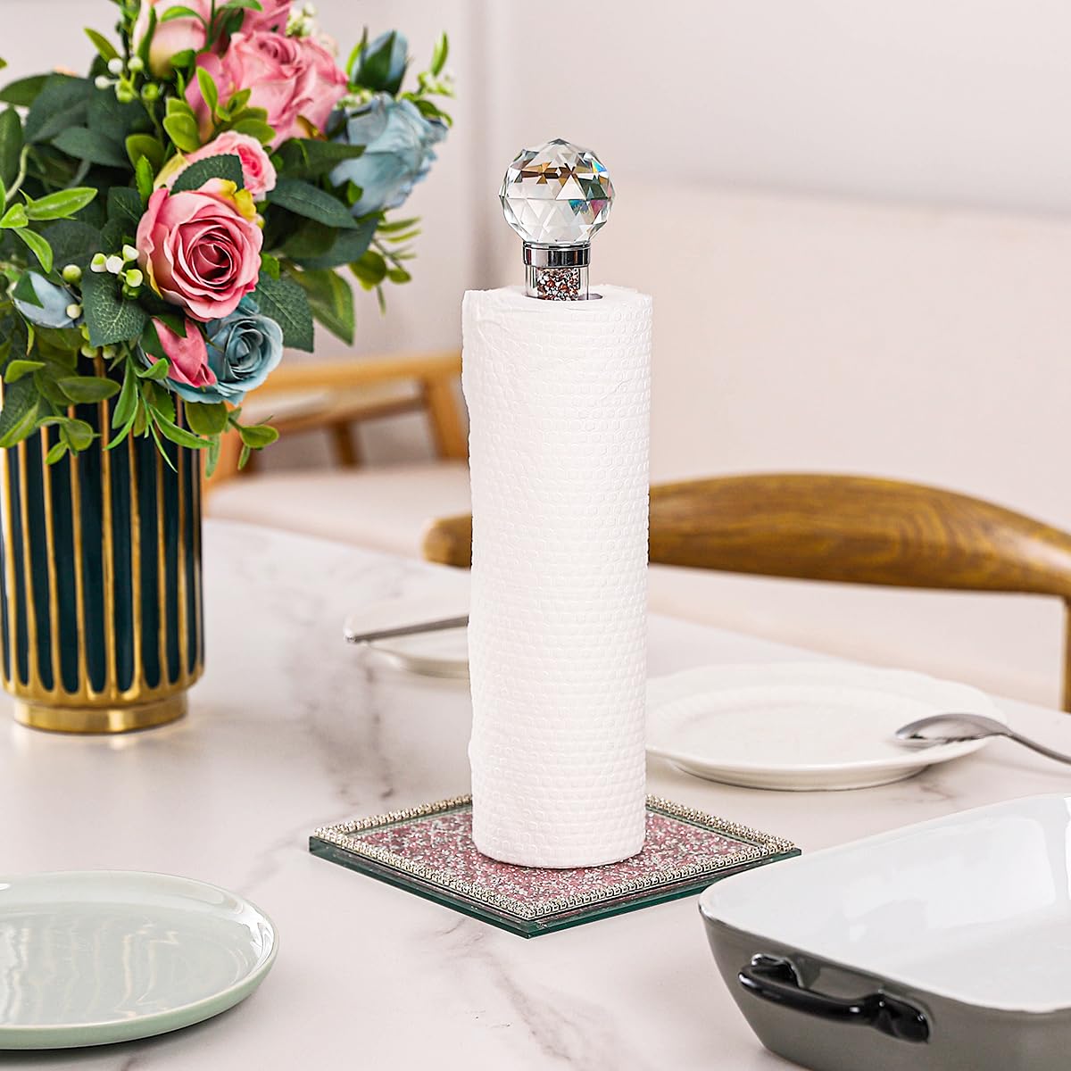 Hochance Pink Crystal Standing Paper Towel Roll Holder Countertop Weighted Rack,Glam Cute Bling Rhinestone Jeweled Diamonds Modern Decoration Christmas Housewarming Gifts for Kitchen Home Bar