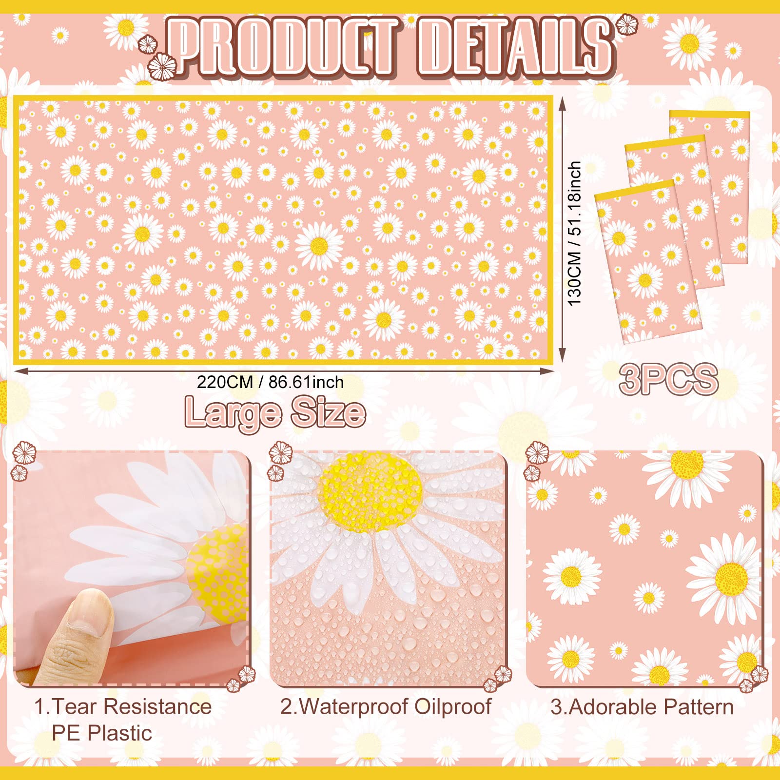3 Pack Daisy Tablecloth Plastic Daisy Party Tablecloths Daisy Flower Table Covers Daisy Birthday Party Supplies Waterproof Square Rectangle Table Covers for Party, 86.61 x 51.18 Inch (Lovely Style)