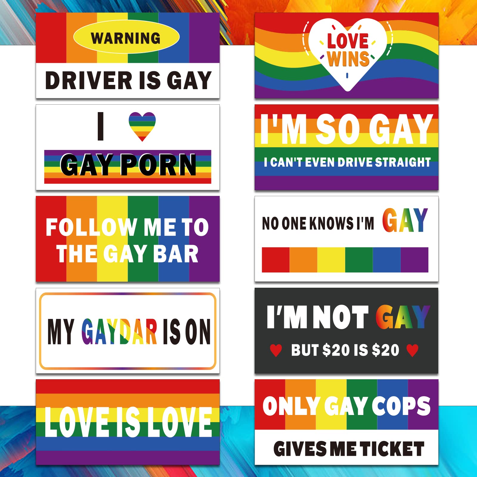 10 Pcs Magnetic Bumper Decals Funny Bumper Stickers Rainbow Car Decals Prank Car Stickers Gay Pride Magnets for Vehicles Truck Car Refrigerator