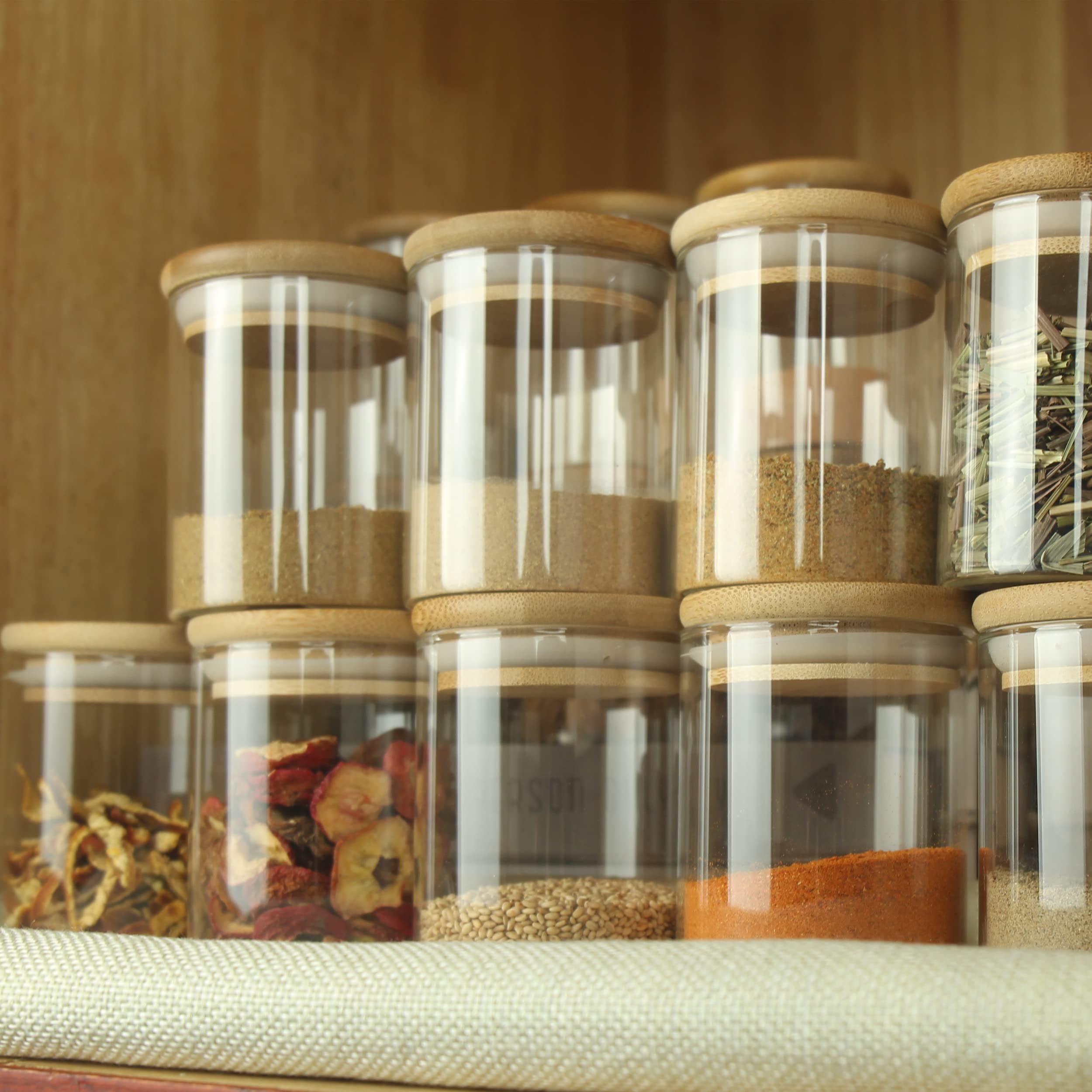 ZRRHOO 20 Pack Glass Jars with Bamboo Lids, 7.5oz Airtight Spice Jars Set with Extra Labels and Pen, for Dry Food Canisters, Spice, Coffee, Beans, Candy, Nuts, Herbs