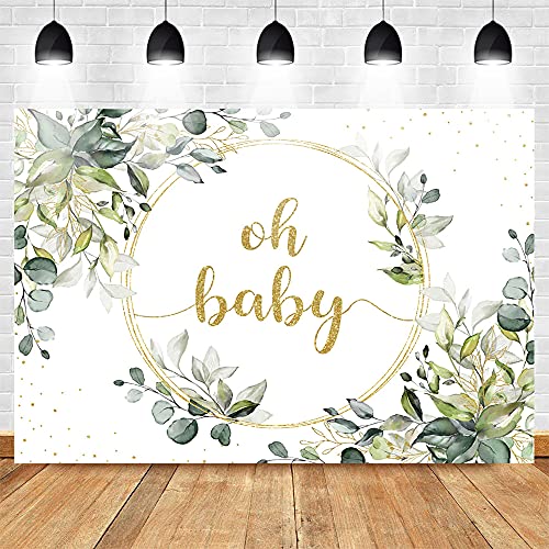 Mocsicka Greenery Baby Shower Backdrop Gold Oh Baby Background Green Eucalyptus Baby Shower Party Cake Table Decoration Banner Photo Booth Props (8x6ft)