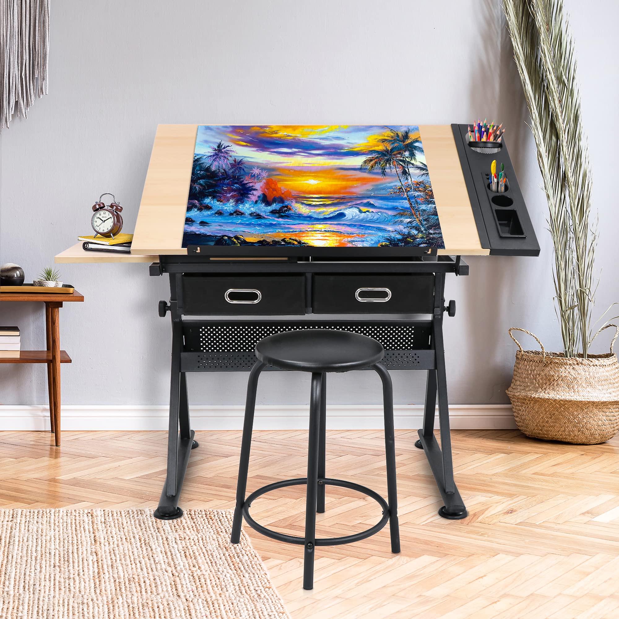 NOVA MICRODERMABRASION Adjustable Height Drafting Desk Drawing Table Tiltable Tabletop for Reading, Writing Art Craft w/Stool and Drawers