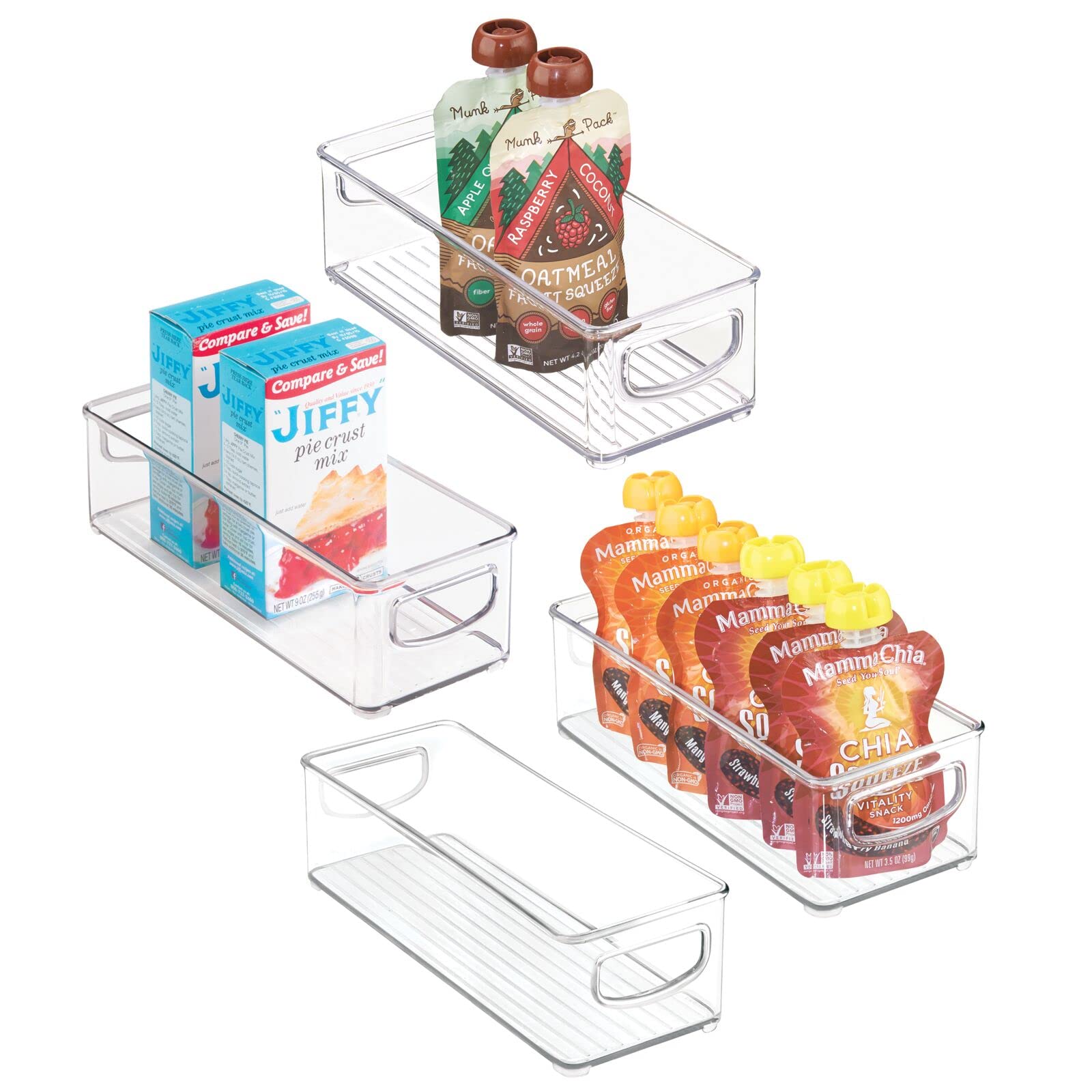 mDesign Plastic Stackable Small Organizing Bin Kitchen Pantry Cabinet, Refrigerator, Freezer Food Organization Storage Bins with Handles, Drawer Container Organizer for Yogurt, Pouches, 4 Pack - Clear