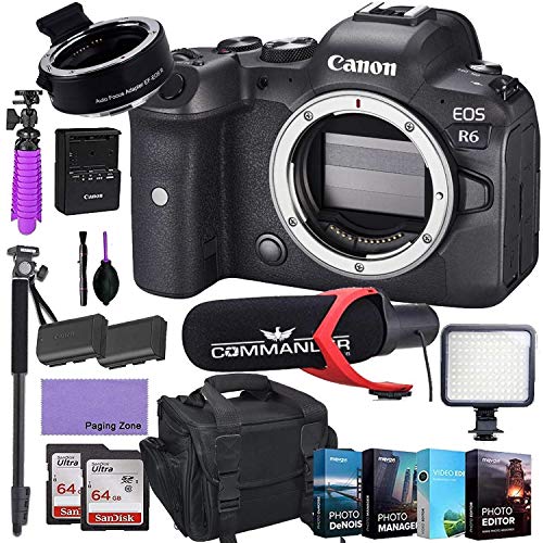 Canon EOS R6 Mirrorless Digital Camera (Body Only) and Mount Adapter EF-EOS R kit Bundled with Deluxe Accessories Like Pro Microphone, High Power LED, 4-Pack Photo Editing Software and More