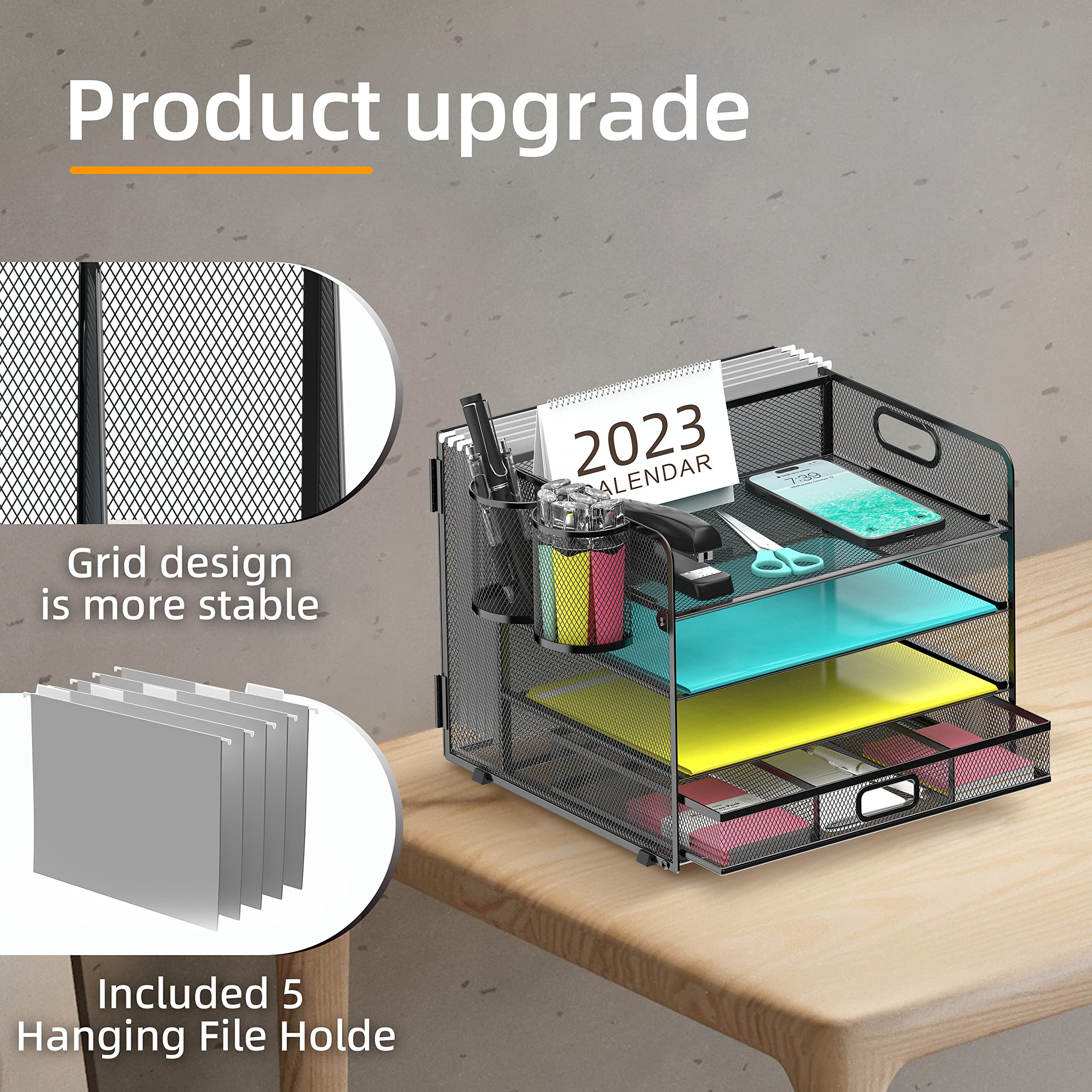 Daltack Paper Tray Mesh Desk Organizer with Vertical File Holder Office Organization with Drawer File Holder Desk File Organizer