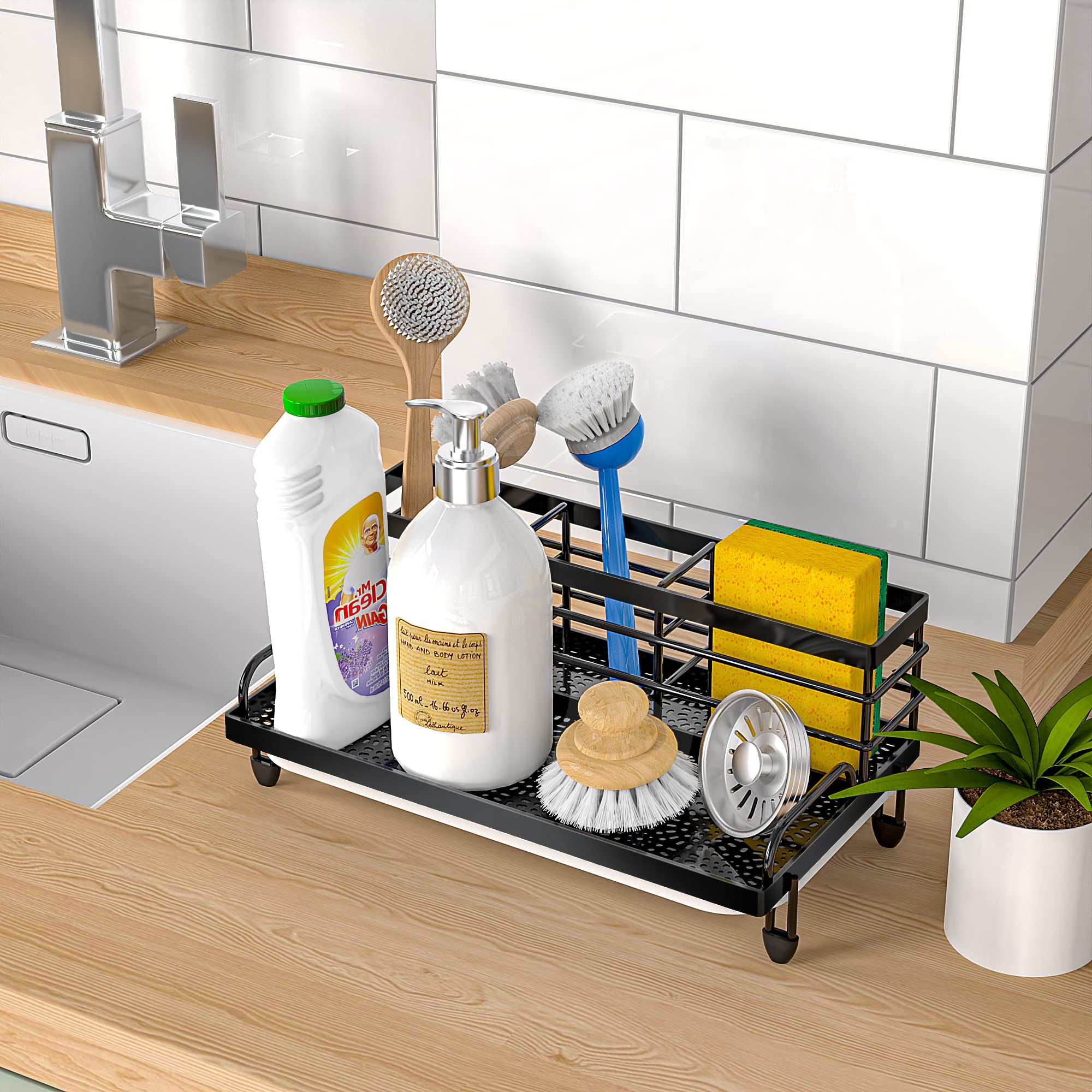Cisily Sponge Holder Kitchen Sink Caddy Organizer, Rustproof Sponge Holder for Kitchen Sink, Non-Slip Soap Dish Dispenser Brush Holder Storage, Home & Kitchen Essentials Accessories(Matte Black)