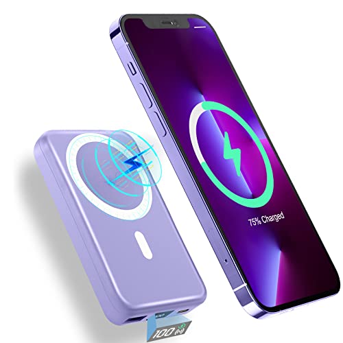 AOGUERBE Magnetic Wireless Portable Charger, 10000mAh Wireless Power Bank PD 22.5W Fast Charging with USB-C LED Display Mag-Safe Battery Pack Compatible for iPhone 14/13/12 Pro/Mini/Pro Max(Purple