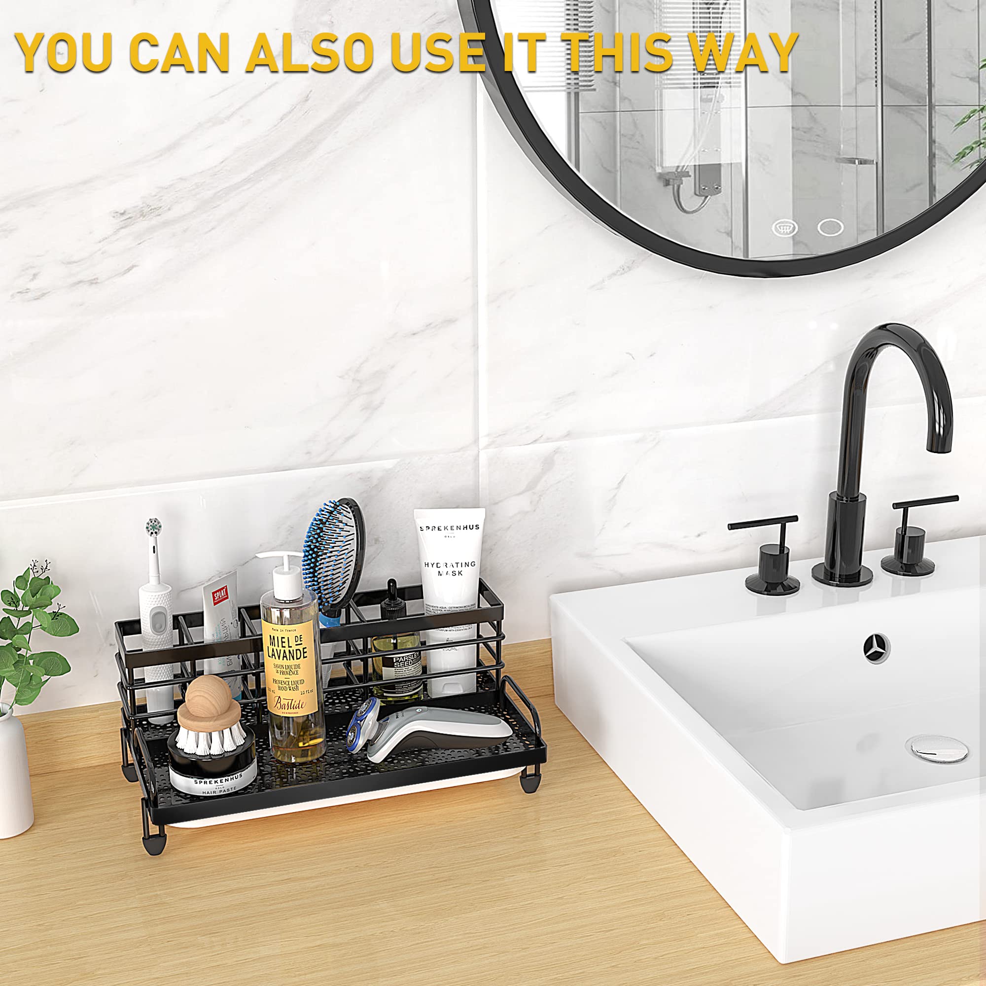 Cisily Sponge Holder Kitchen Sink Caddy Organizer, Rustproof Sponge Holder for Kitchen Sink, Non-Slip Soap Dish Dispenser Brush Holder Storage, Home & Kitchen Essentials Accessories(Matte Black)