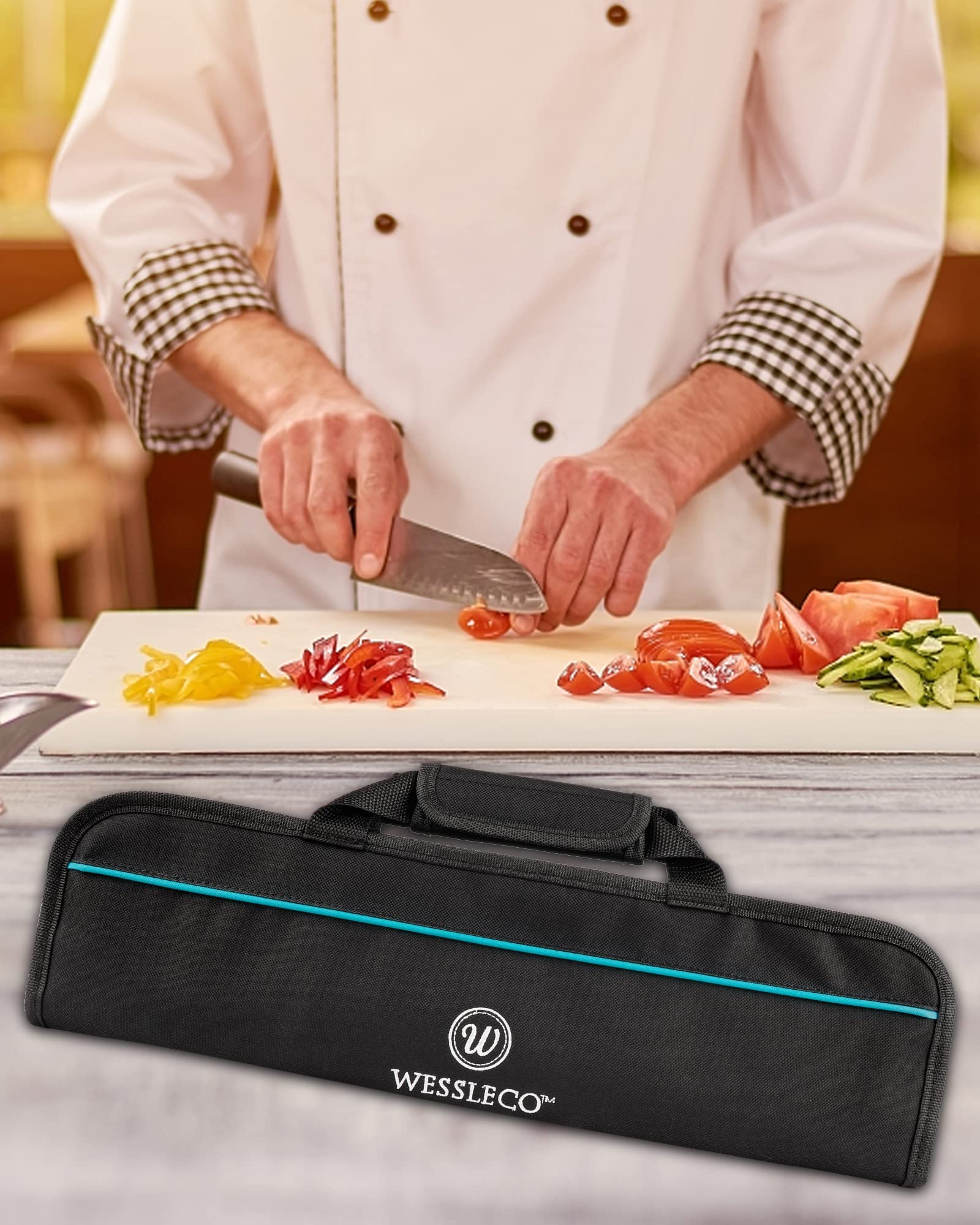 Wessleco Knife Roll, 5-Pocket Chef’s Knife Roll Bag, Knife Bag, Chef Knife Case Nylon Portable Chef Carrying Travel Bag Pouch, Blue(Knives not Included)