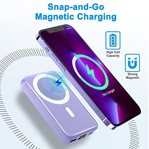 AOGUERBE Magnetic Wireless Portable Charger, 10000mAh Wireless Power Bank PD 22.5W Fast Charging with USB-C LED Display Mag-Safe Battery Pack Compatible for iPhone 14/13/12 Pro/Mini/Pro Max（Purple