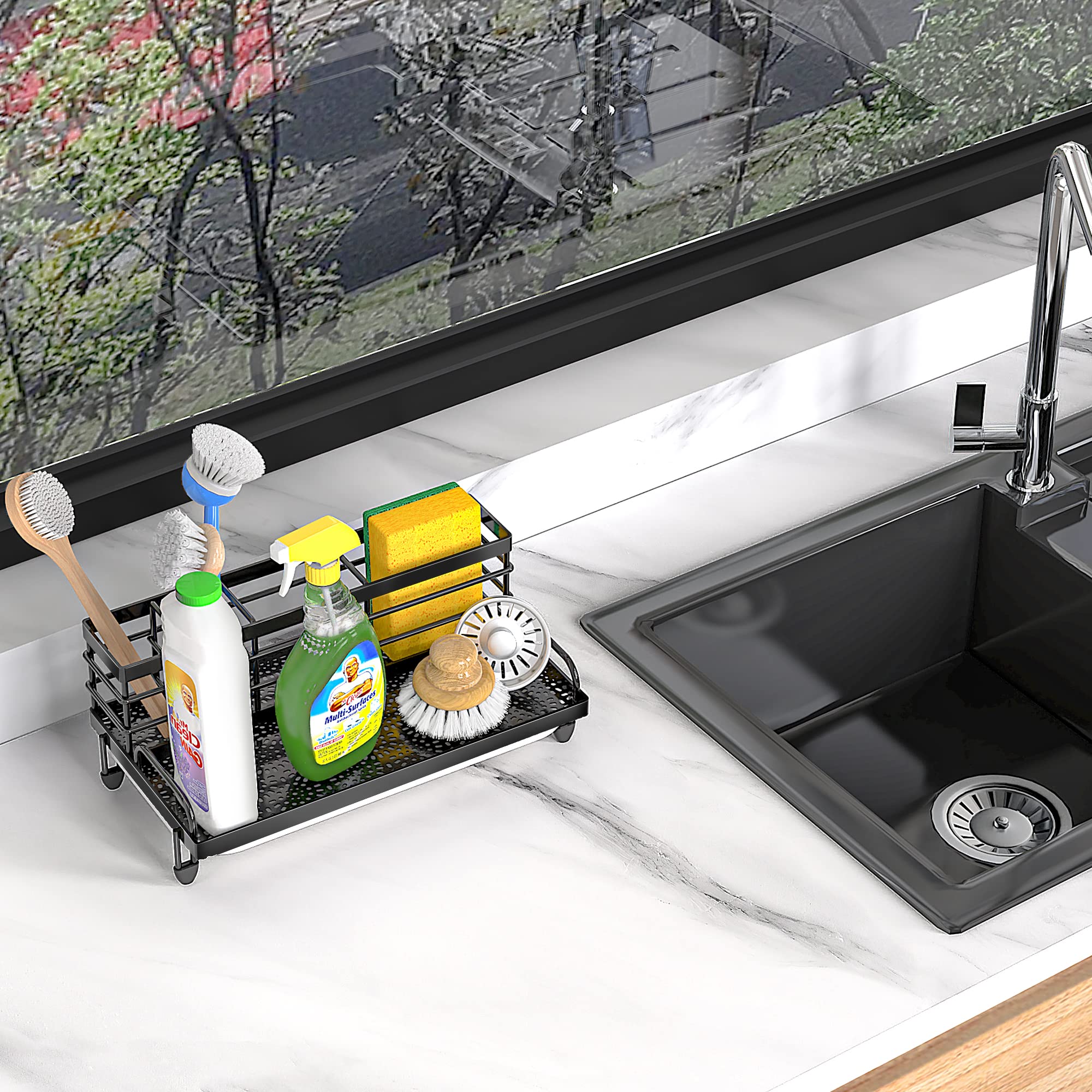 Cisily Sponge Holder Kitchen Sink Caddy Organizer, Rustproof Sponge Holder for Kitchen Sink, Non-Slip Soap Dish Dispenser Brush Holder Storage, Home & Kitchen Essentials Accessories(Matte Black)