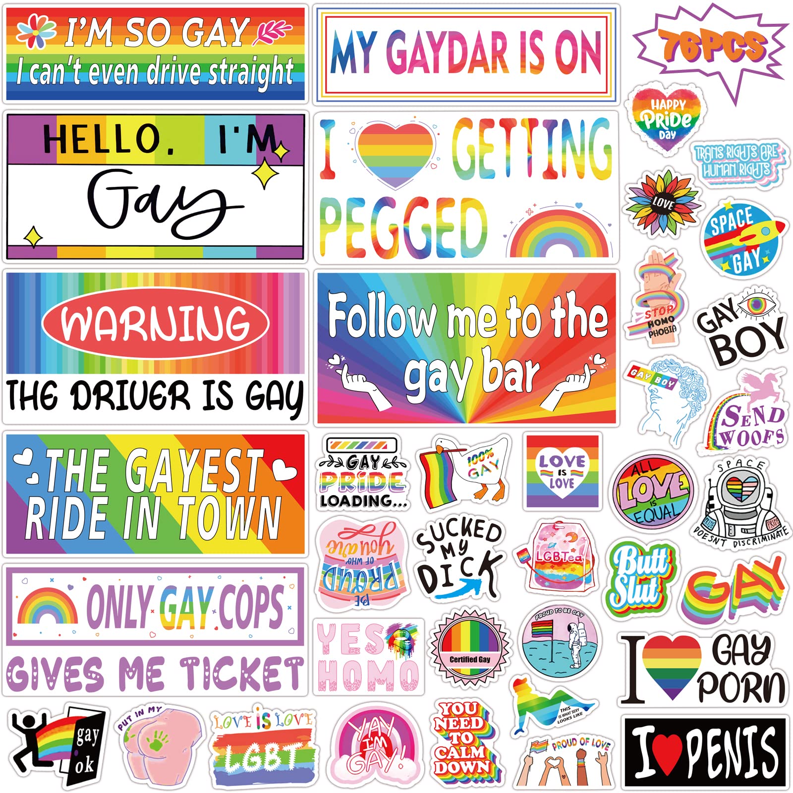 76 PCS Original Funny Gay Prank Bumper Stickers, Funny LGBT Gay Stickers for Cars Decals Motorcycle Truck Vehicles Luggage Funny Stickers for Adults Funny Bumper Stickers