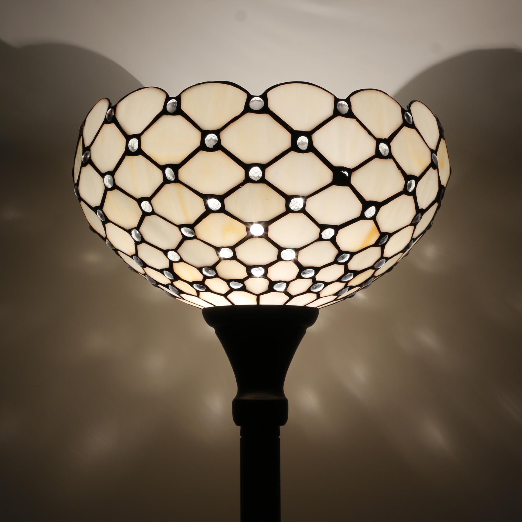 WERFACTORY Tiffany Floor Lamp Cream Amber Stained Glass Bead Light 12X12X66 Inches Pole Torchiere Standing Corner Torch Uplight Decor Bedroom Living Room Home Office (LED Bulb Included) S005 Series