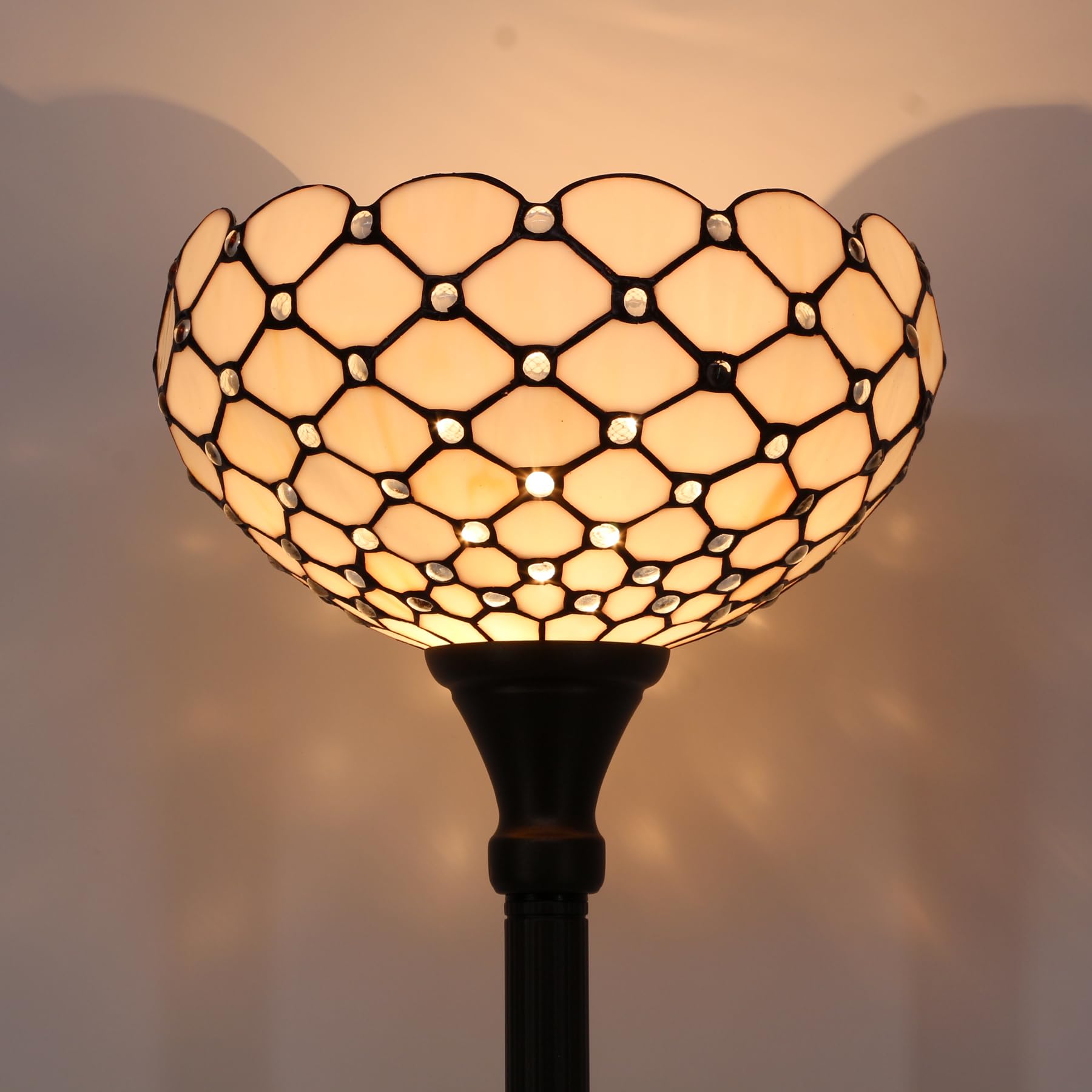WERFACTORY Tiffany Floor Lamp Cream Amber Stained Glass Bead Light 12X12X66 Inches Pole Torchiere Standing Corner Torch Uplight Decor Bedroom Living Room Home Office (LED Bulb Included) S005 Series