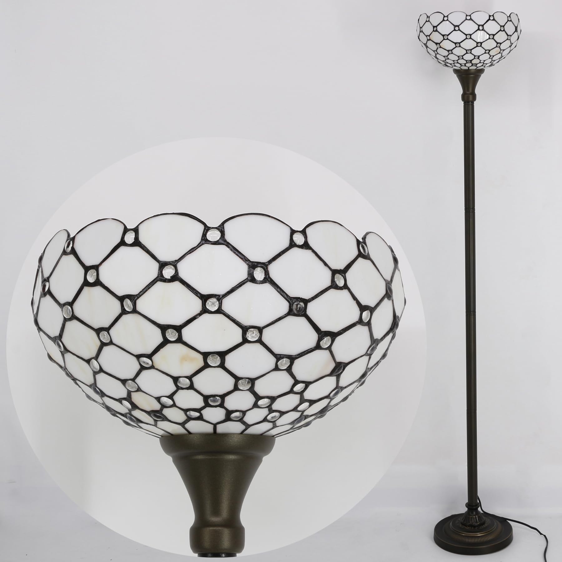 WERFACTORY Tiffany Floor Lamp Cream Amber Stained Glass Bead Light 12X12X66 Inches Pole Torchiere Standing Corner Torch Uplight Decor Bedroom Living Room Home Office (LED Bulb Included) S005 Series