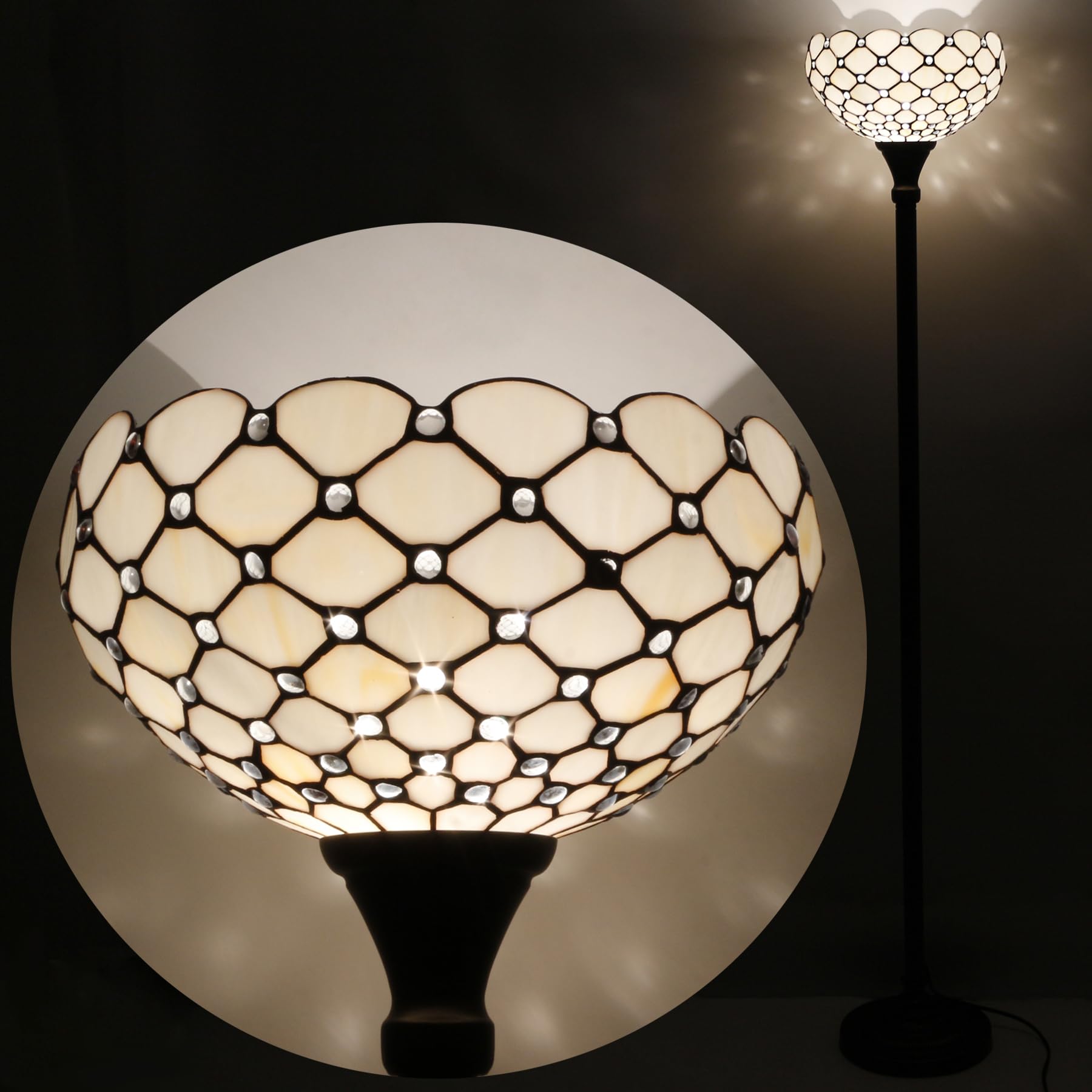 WERFACTORY Tiffany Floor Lamp Cream Amber Stained Glass Bead Light 12X12X66 Inches Pole Torchiere Standing Corner Torch Uplight Decor Bedroom Living Room Home Office (LED Bulb Included) S005 Series