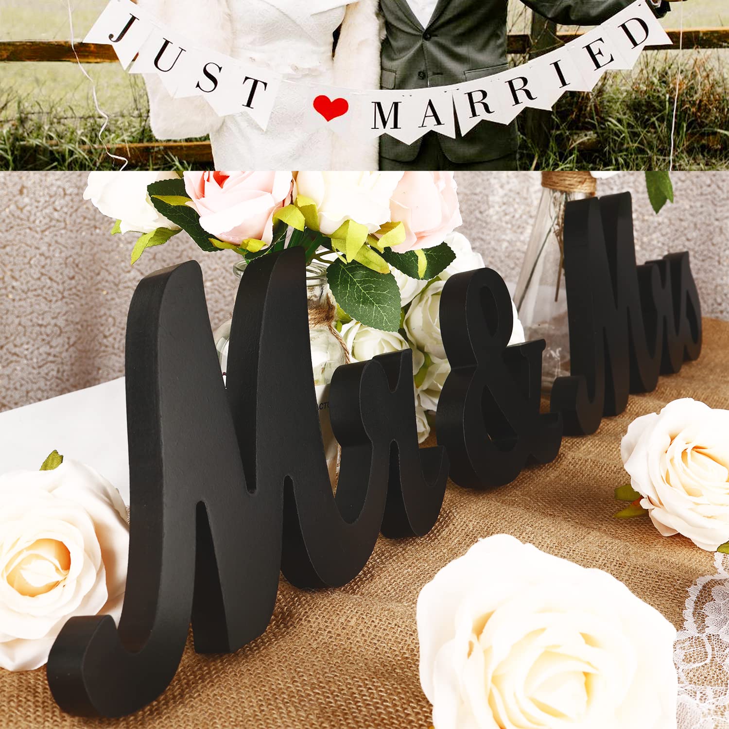 Nine to Nine Wedding Decorations Set, Large Mr and Mrs Sign & Just Married Banner, Mr & Mrs Signs for Wedding Table, Wooden Letters Wedding Decor, Wedding Decorations for Reception, Ceremony and Anniversary Party Valentine's Day Decor, White