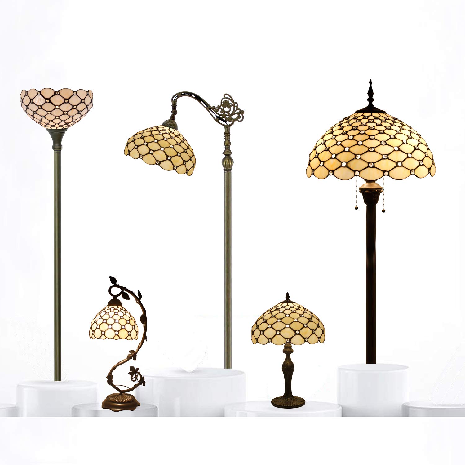 WERFACTORY Tiffany Floor Lamp Cream Amber Stained Glass Bead Light 12X12X66 Inches Pole Torchiere Standing Corner Torch Uplight Decor Bedroom Living Room Home Office (LED Bulb Included) S005 Series