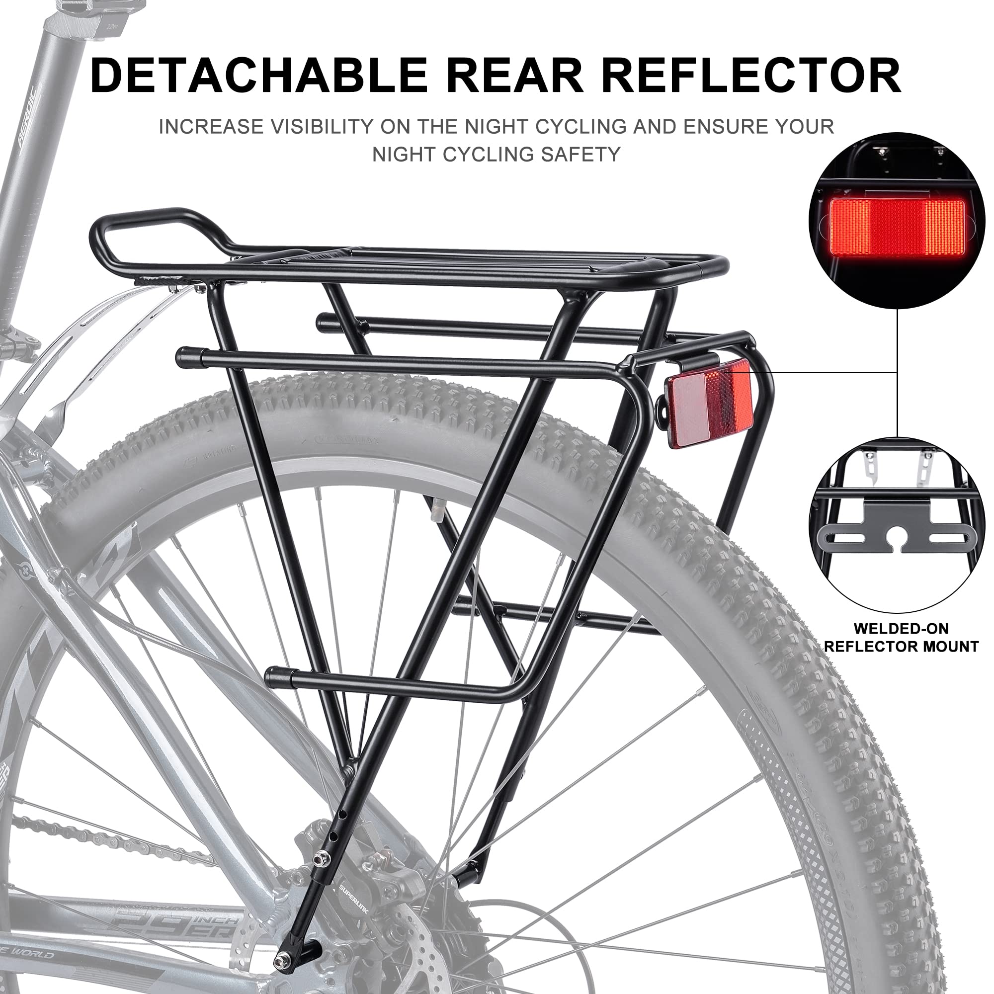 CXWXC Rear Bike Rack - Bike Cargo Rack for Disc Brake/Non-Disc Brake Mount - Bicycle Pannier Rack, Touring Carrier Rack fit 26”-29” and 700c