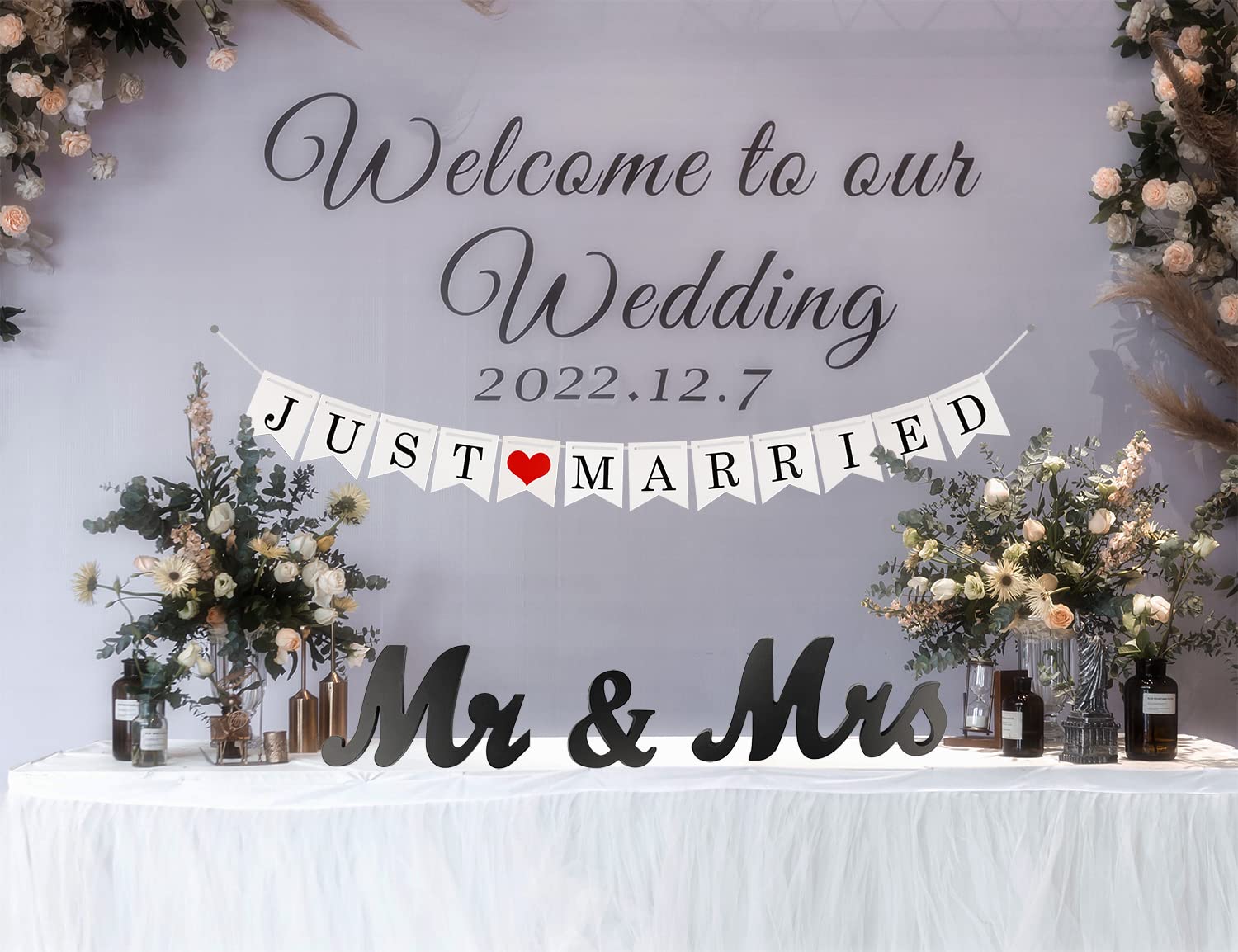 Nine to Nine Wedding Decorations Set, Large Mr and Mrs Sign & Just Married Banner, Mr & Mrs Signs for Wedding Table, Wooden Letters Wedding Decor, Wedding Decorations for Reception, Ceremony and Anniversary Party Valentine's Day Decor, White