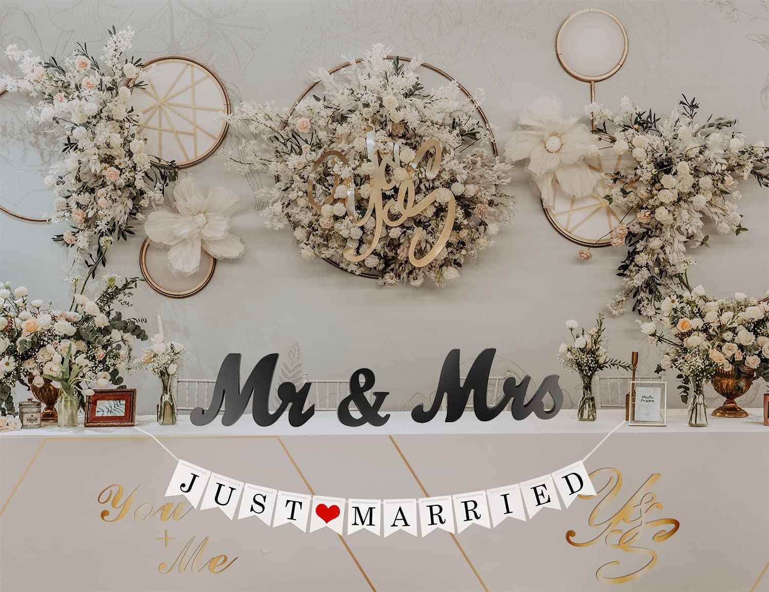 Nine to Nine Wedding Decorations Set, Large Mr and Mrs Sign & Just Married Banner, Mr & Mrs Signs for Wedding Table, Wooden Letters Wedding Decor, Wedding Decorations for Reception, Ceremony and Anniversary Party Valentine's Day Decor, White
