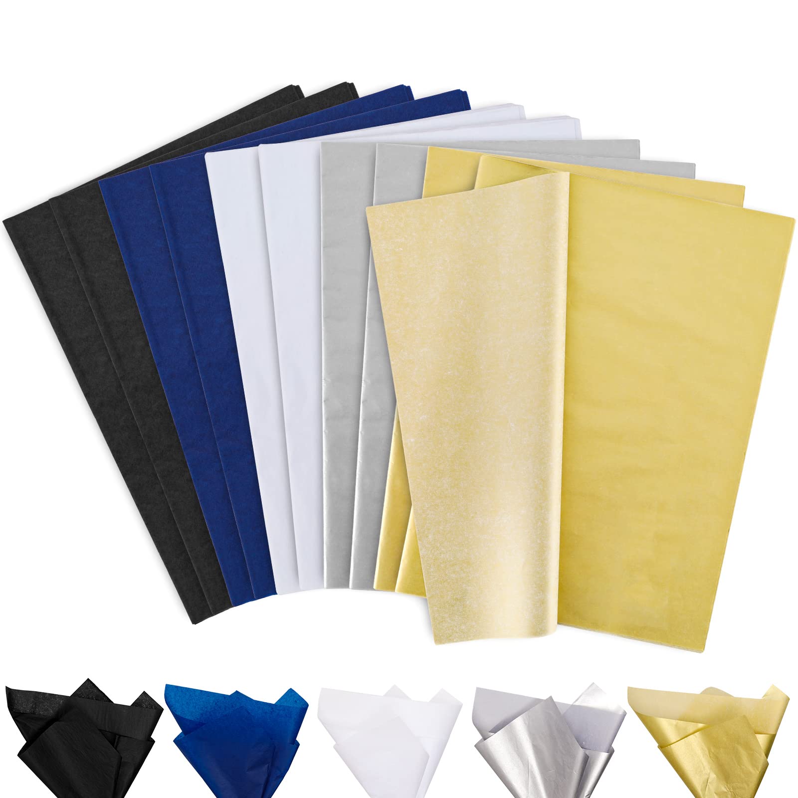 Whaline Tissue Paper Folded Flat Black Blue Gold Silver White Wrapping Paper Solid Color Gift Wrapping Tissue Paper for Graduation Gift Wrapping Birthday Party Wedding Decor, 100 Sheets, 14 x 20inch