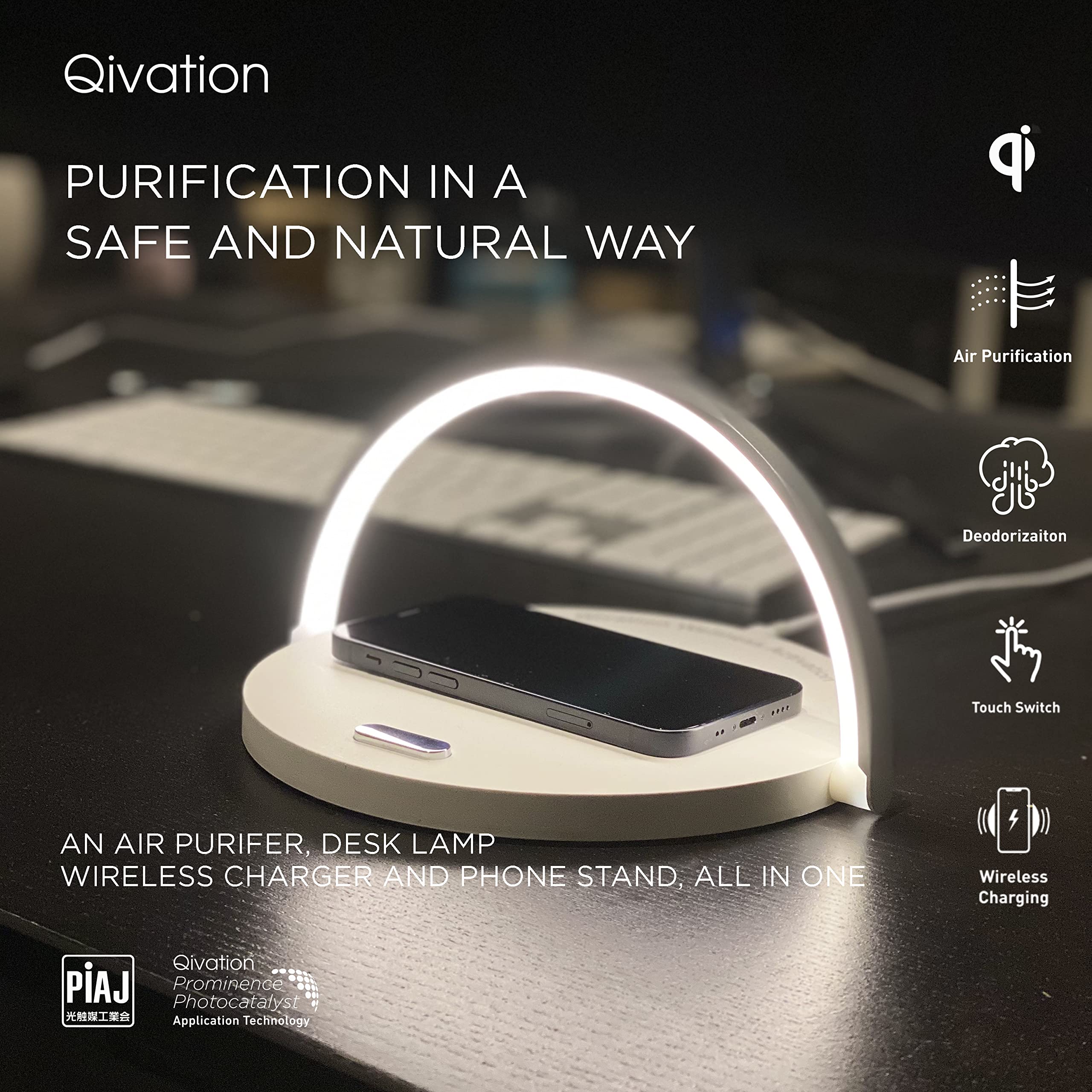 Qivation TiO2 Multifunctional Desk Lamp with Wireless Charger, Japan Tech 24/7 Air Purification, LED lamp 3 Brightness Levels, Phone Stand, Eye-Caring Night Light Qi Comp. for Home & Office