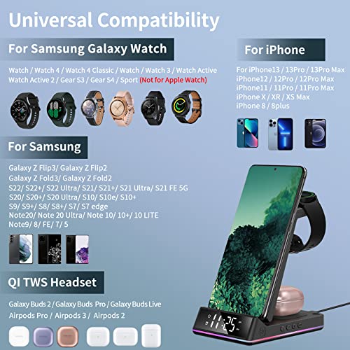 3 in1 Wireless Charger for Samsung, Qi Fast Wireless Charging Station with Clock/Alarm/Night Light for Samsung Galaxy Watch 5/Pro/4/3,Active 2/1,Galaxy S22/S21/Z Flip/Fold 3,Galaxy Buds 2/Pro/Live
